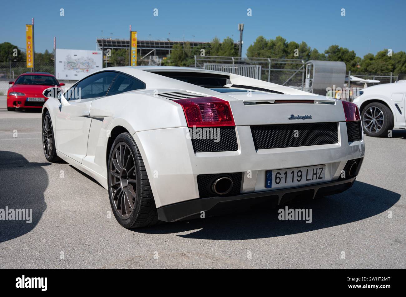 Rear view of pearl white Lamborghini Gallardo Italian supercar Stock ...