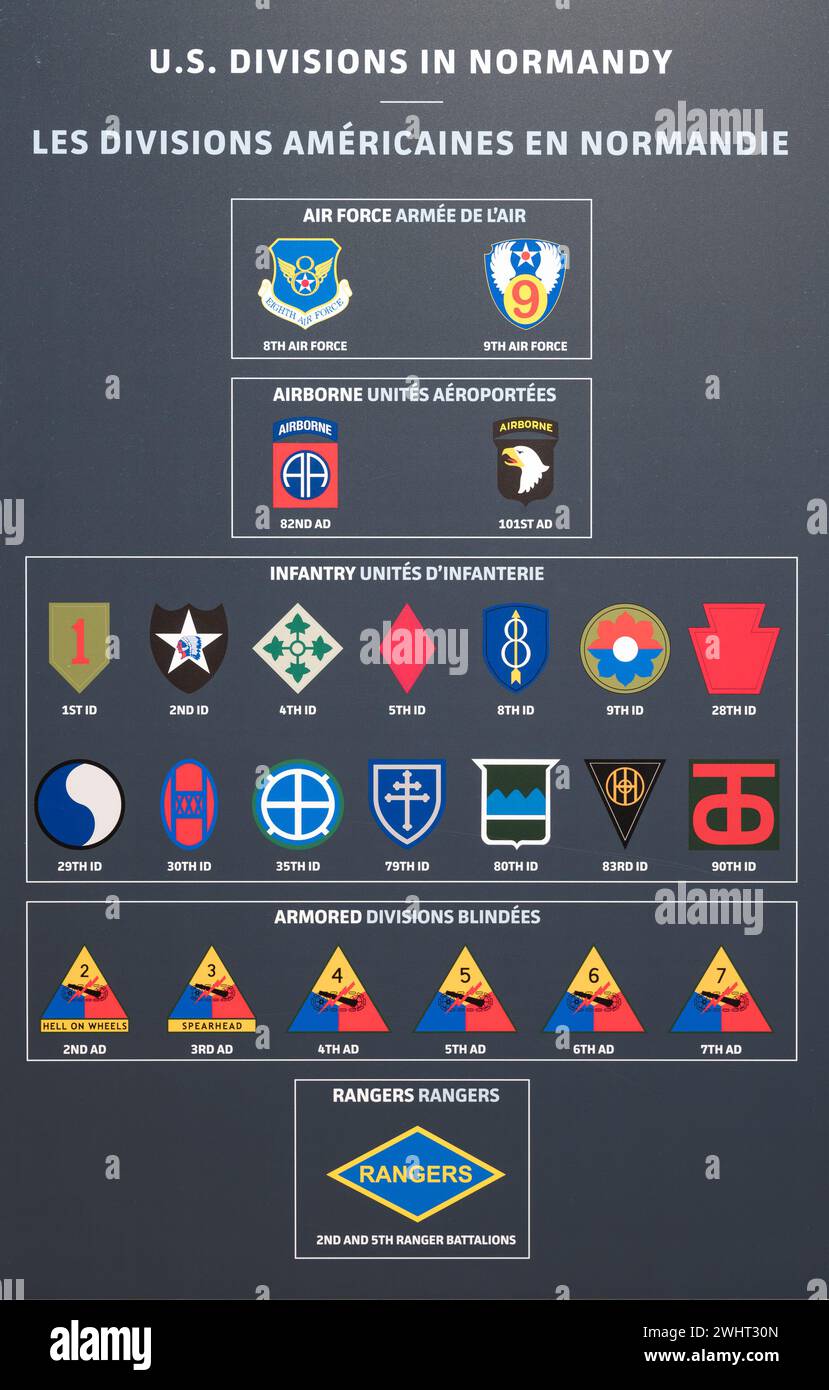 Detail of the panel with the logos of the U.S. divisions in normandy in ...