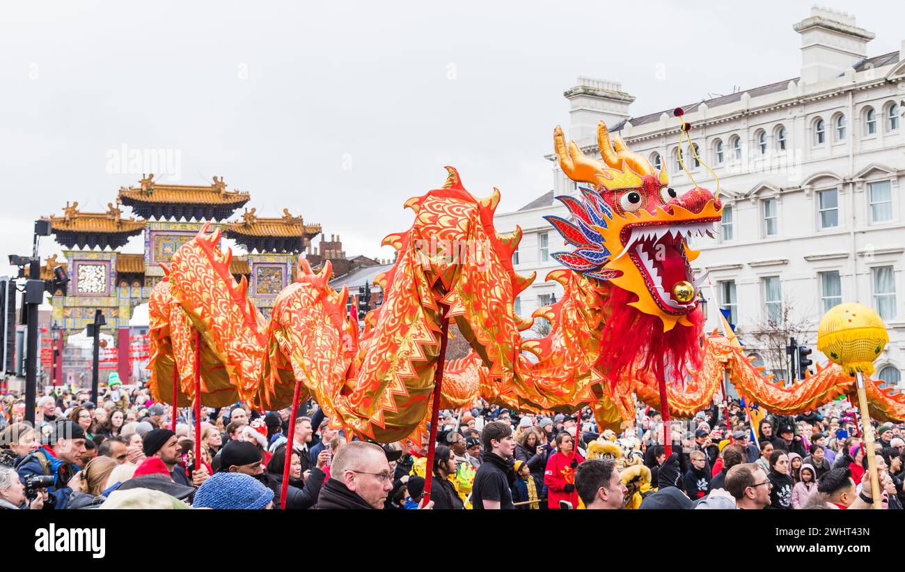 Close up of the beautifully decorated dragon performing its traditional ...