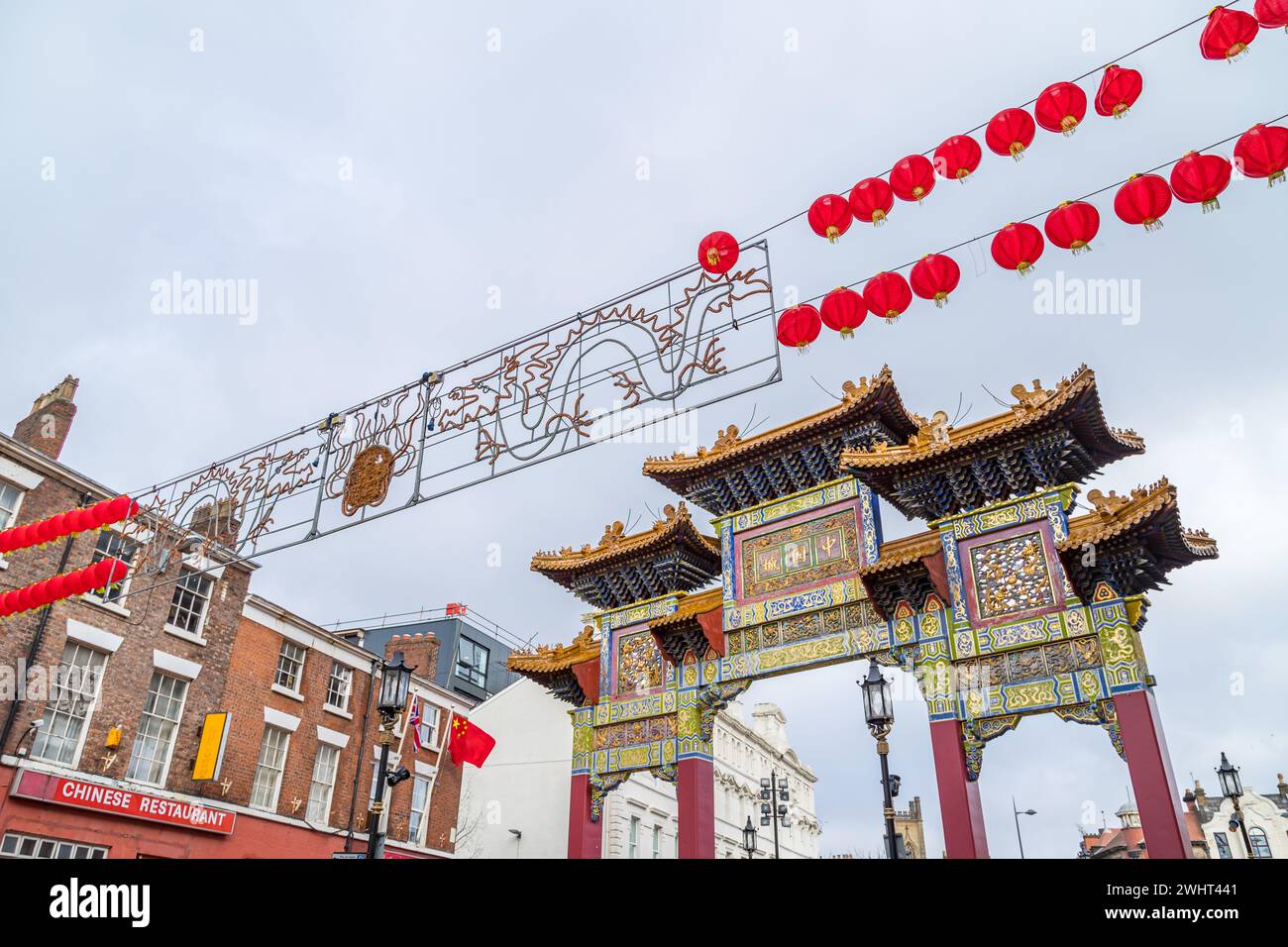 The colourful paifang in the Chinatown district of Liverpool pictured ...
