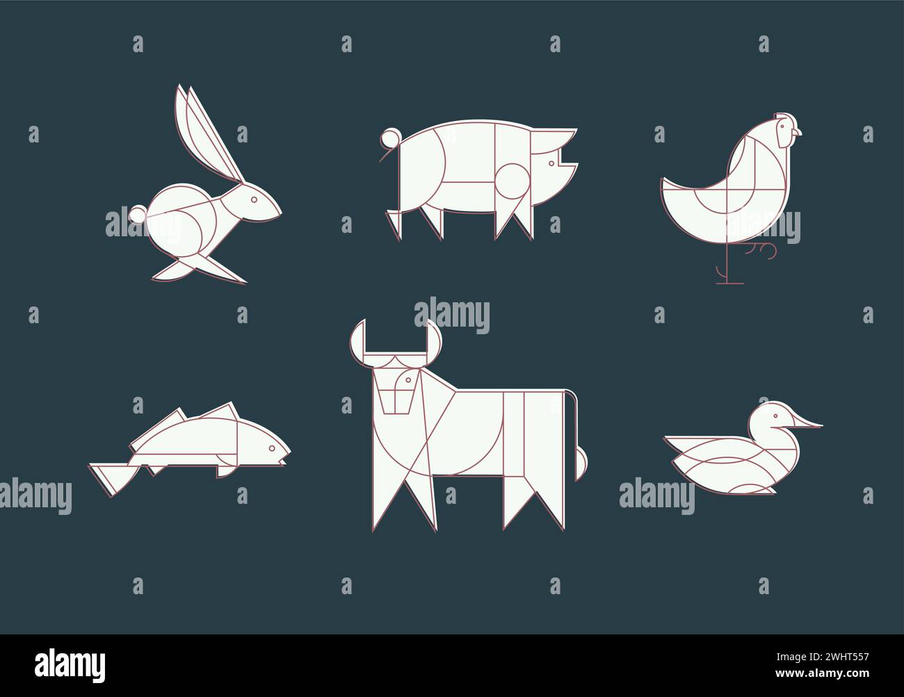 Animals rabbit, pig, chicken, fish, cow, duck drawing in art deco ...