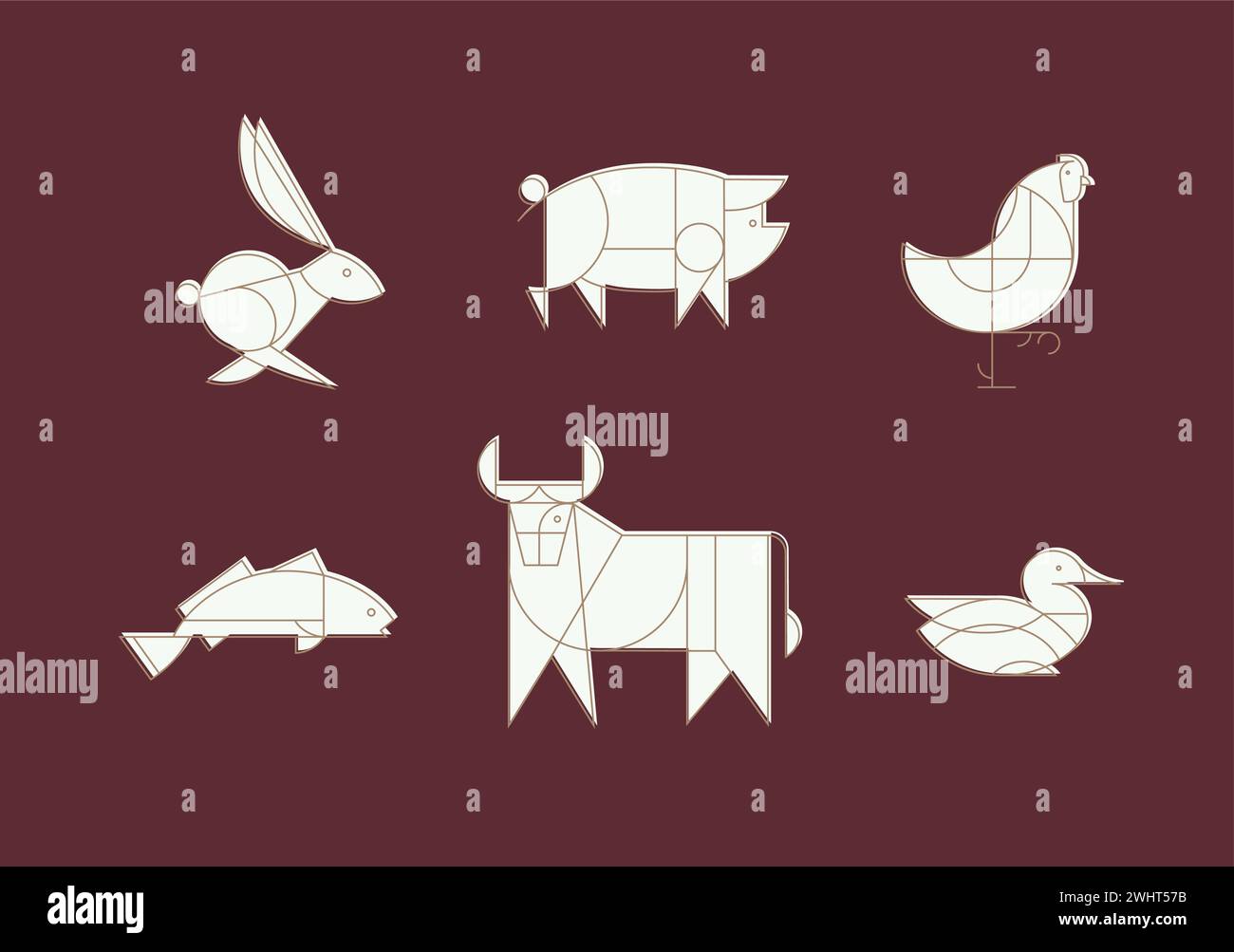 Animals rabbit, pig, chicken, fish, cow, duck drawing in art deco ...