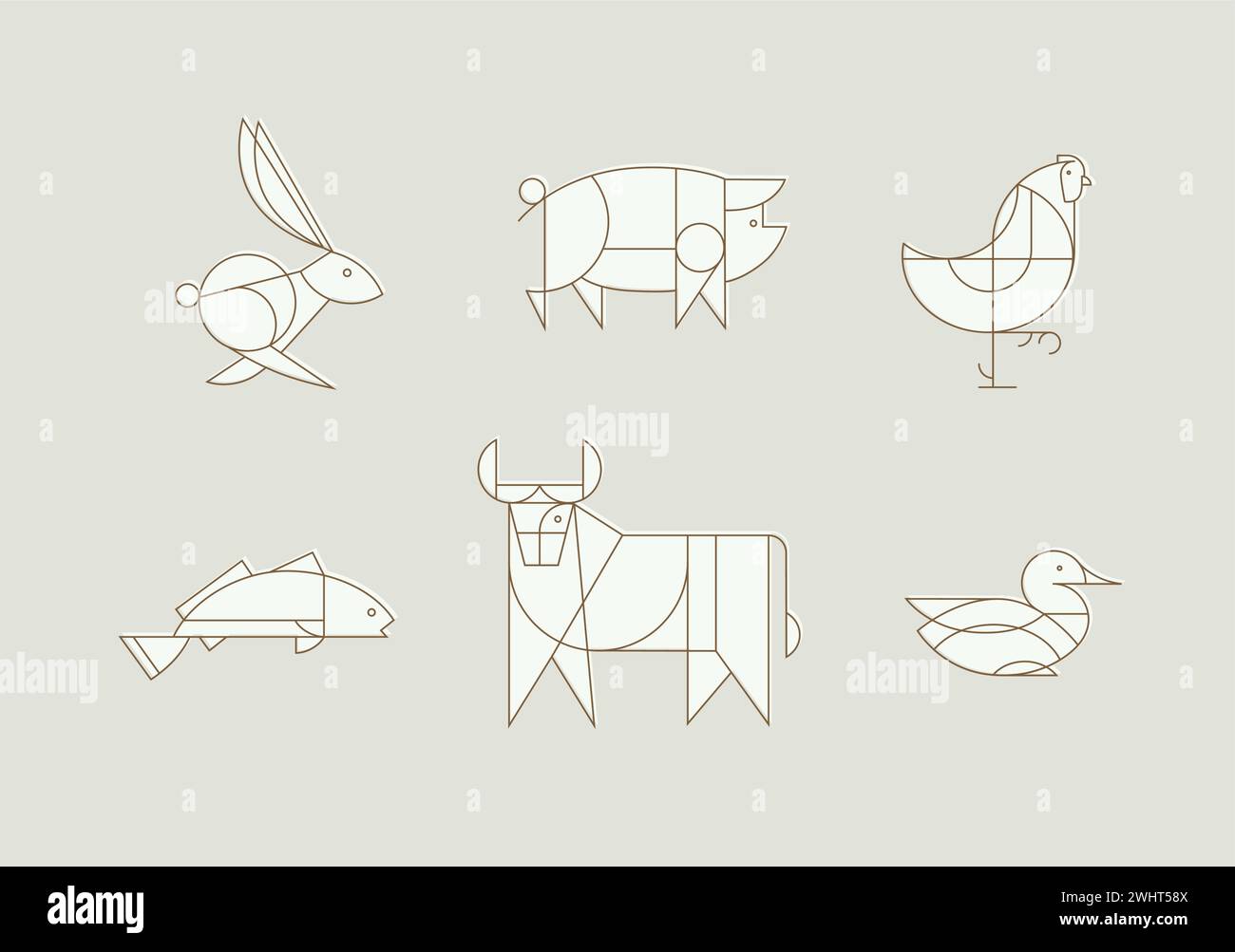 Animals rabbit, pig, chicken, fish, cow, duck drawing in art deco ...