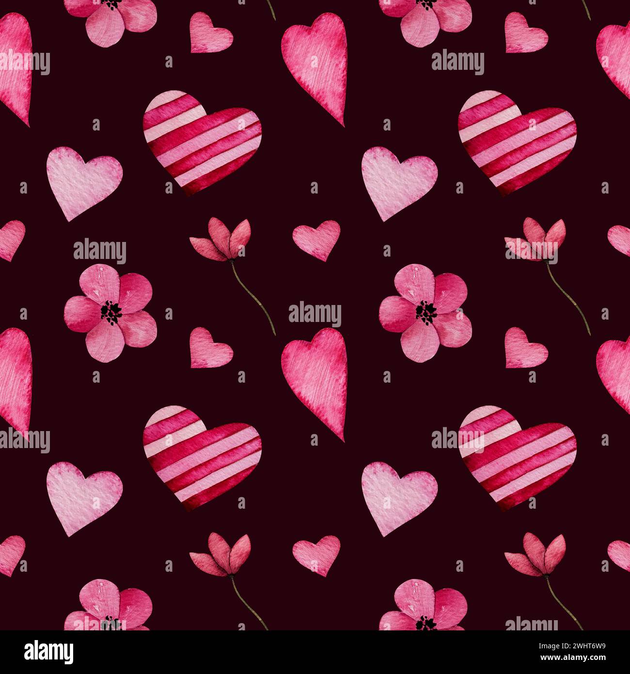 Seamless pattern with watercolor hearts and flowers. Hand drawn ...