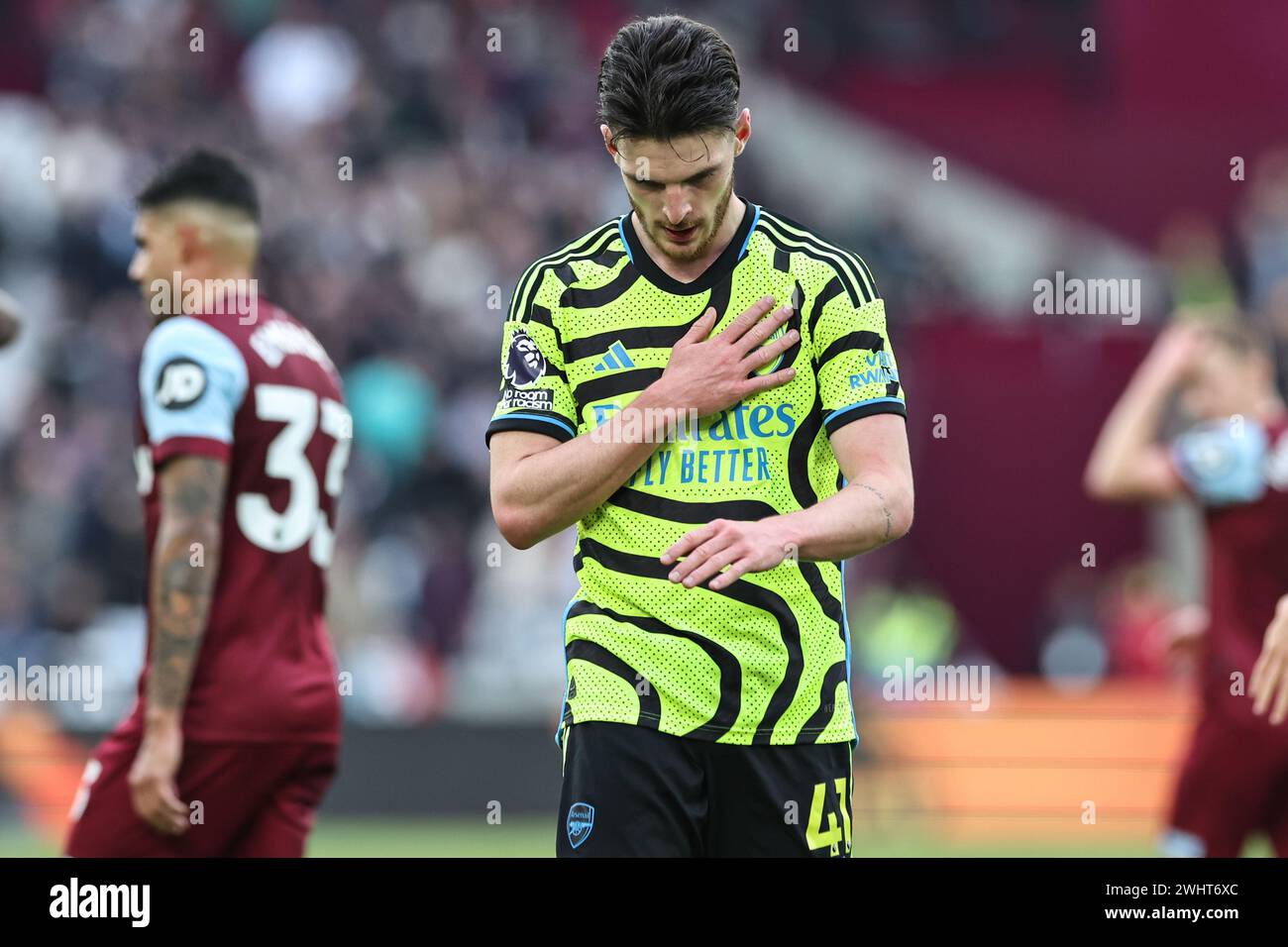 London, UK. 11th Feb, 2024. Declan Rice of Arsenal celebrates his goal ...