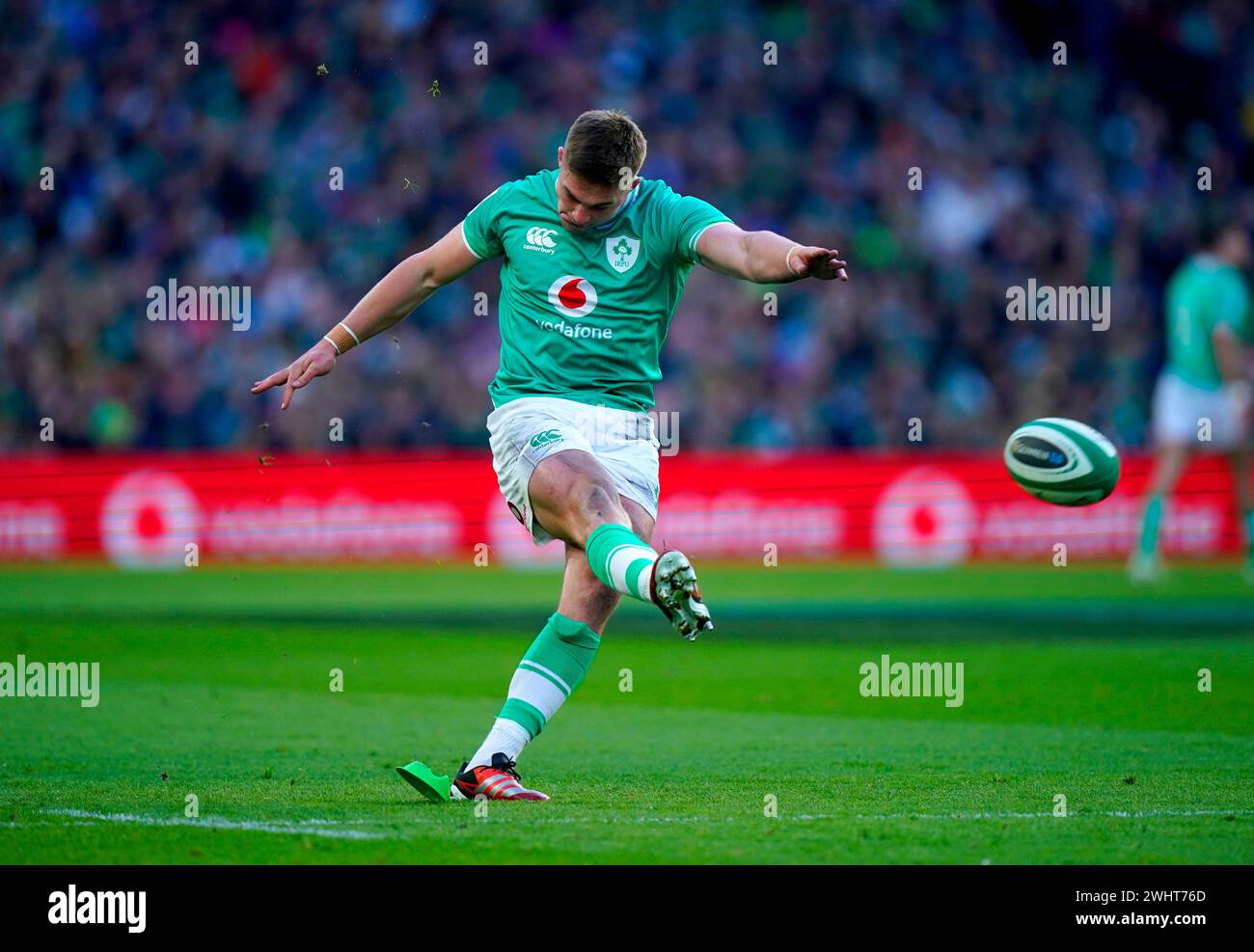 Ireland's Jack Crowley takes a conversion kick during the Guinness Six ...