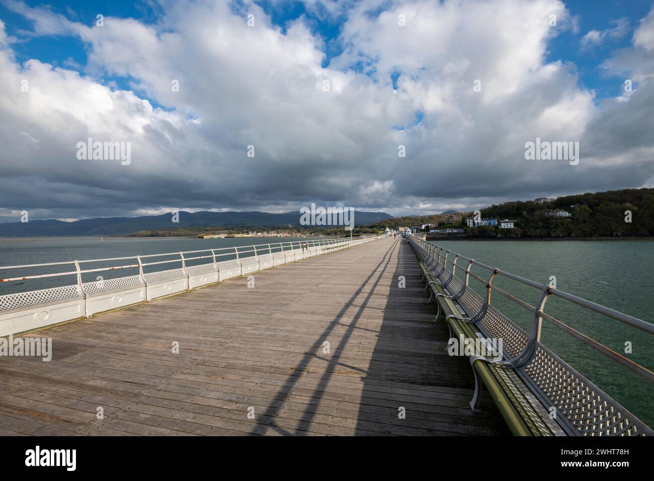 Garth Pier, Bangor, North Wales. View looking back toward the hills and ...