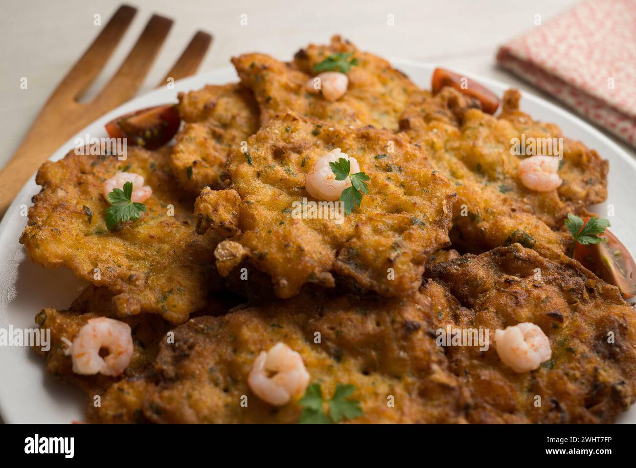 Tortillitas de Camarones. Traditional tapa of flour and egg dough with ...