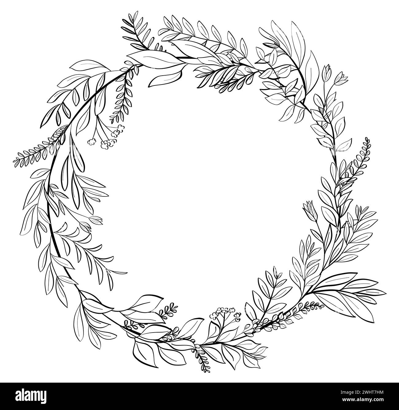 Floral round frame wreath Black and White Stock Photos & Images - Alamy