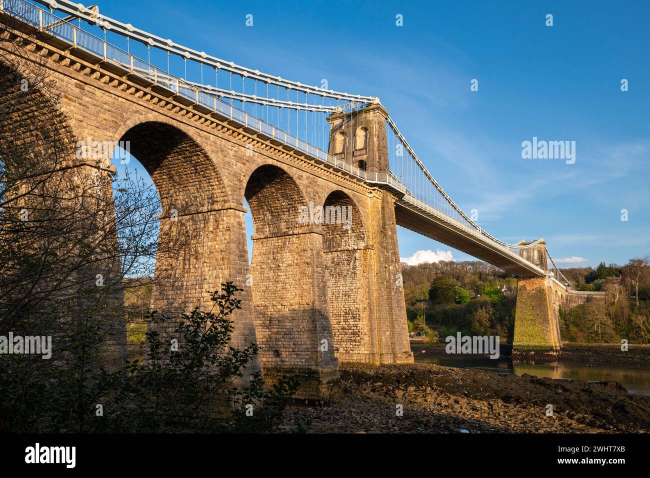 The Menai Suspension Bridge on the coast between Anglesey (Ynys Mon ...