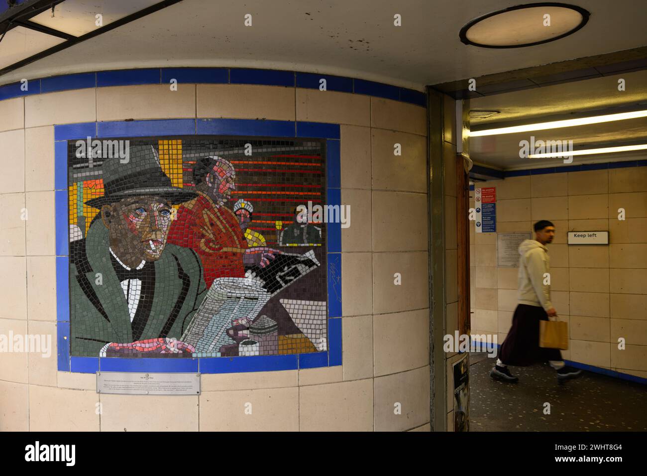 9th February 2024. Mosaics depicting Alfred Hitchcock films adorn the walls of the Central Line ...