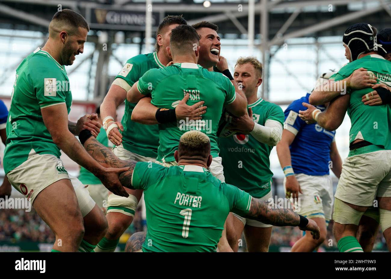 Ireland's Dan Sheehan (centre) celebrates scoring his sides fourth try ...