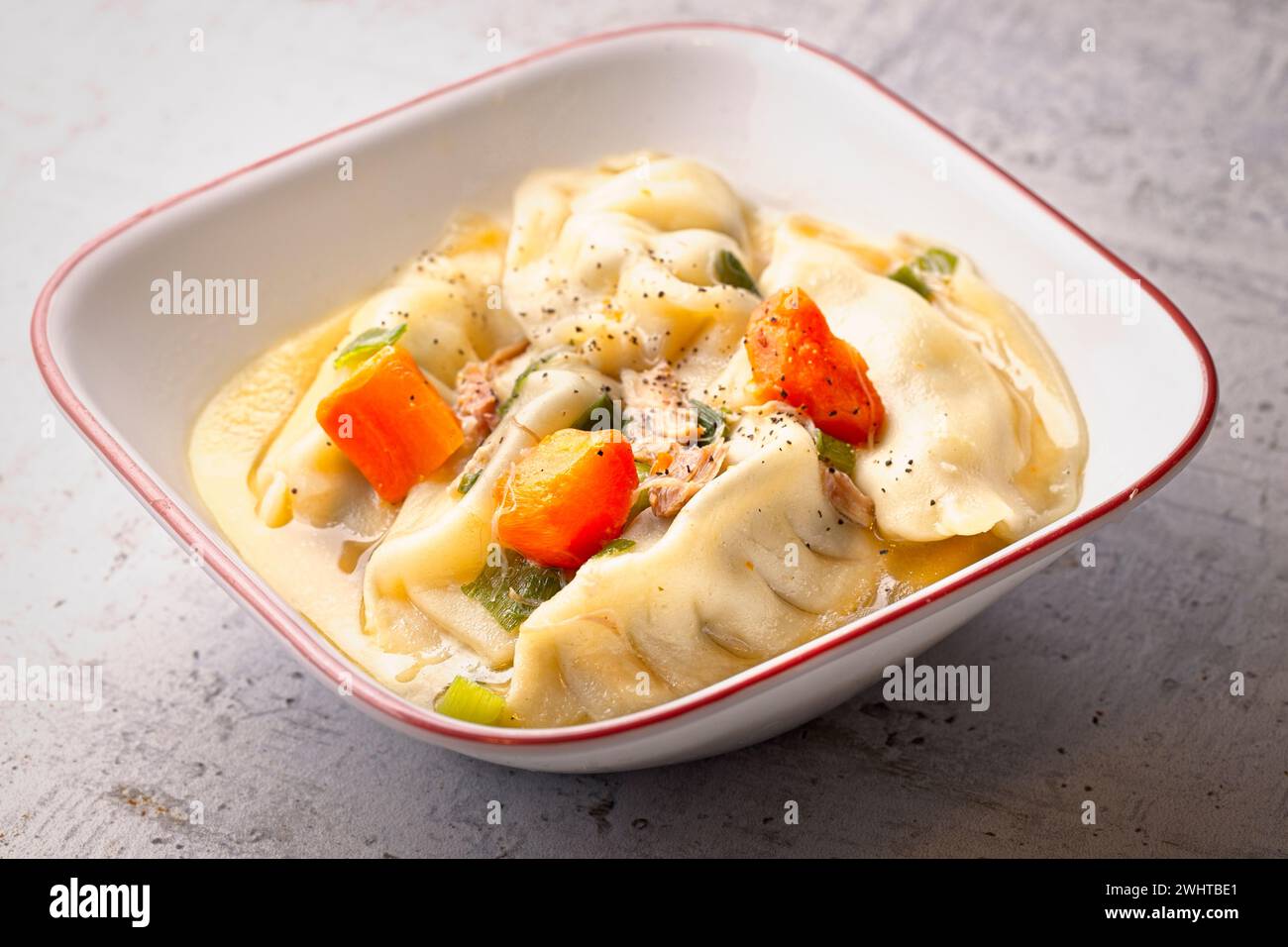 A close up of a Korean dish called Mandu Guk. A meat filled dumpling ...