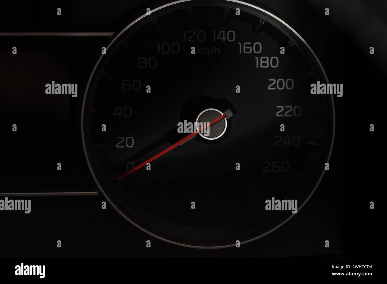 Car speed limit theme. Red arrow on speedometer in kmh Stock Photo - Alamy