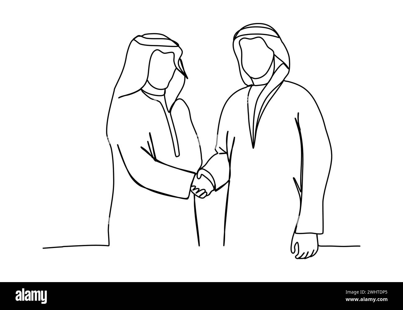 Two muslim men in arabian clothes shake hands. One line drawing vector ...