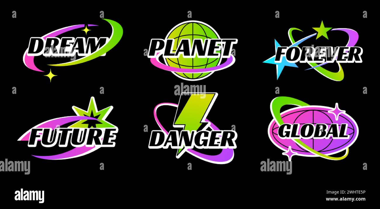Retro Y2K logo set. Acid gradient color stickers with lettering logos ...