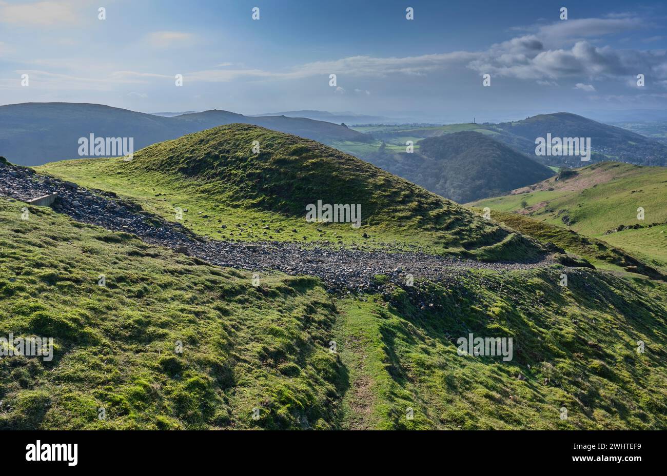 The Iron Age Hill Fort earth ramparts on Caer Caradoc, Church Stretton ...