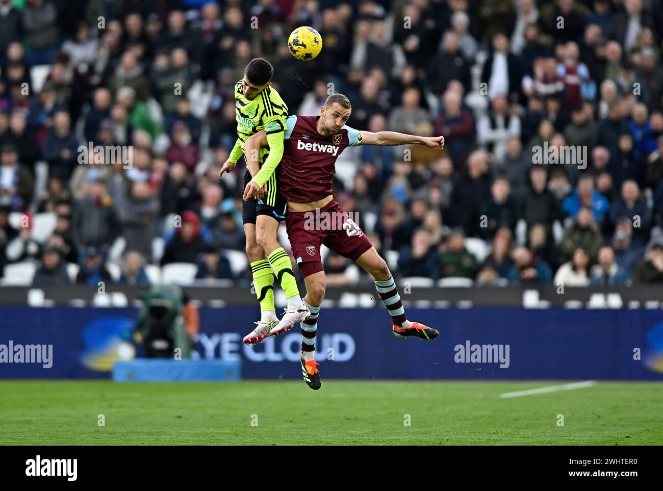 London, UK. 11th Feb, 2024. Kai Havertz (Arsenal) and Tomáš Souček (West Ham) during the West ...
