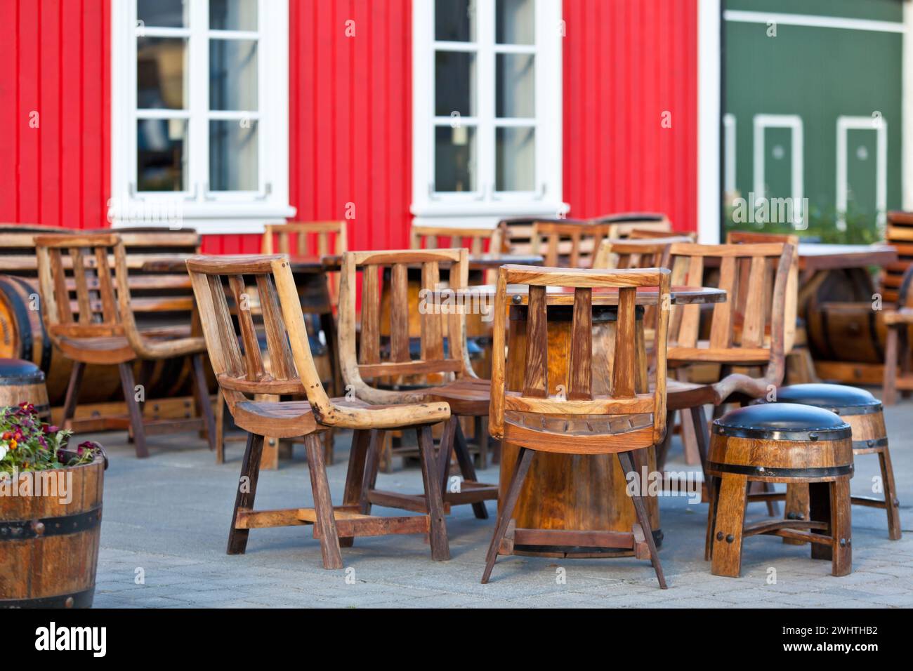 Outdoor summer cafe tables in viking style at Iceland town Stock Photo ...