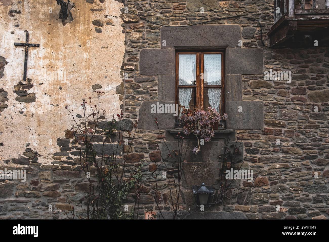 Detail of a window in a medieval house in Rupit in Catalonia Spain ...