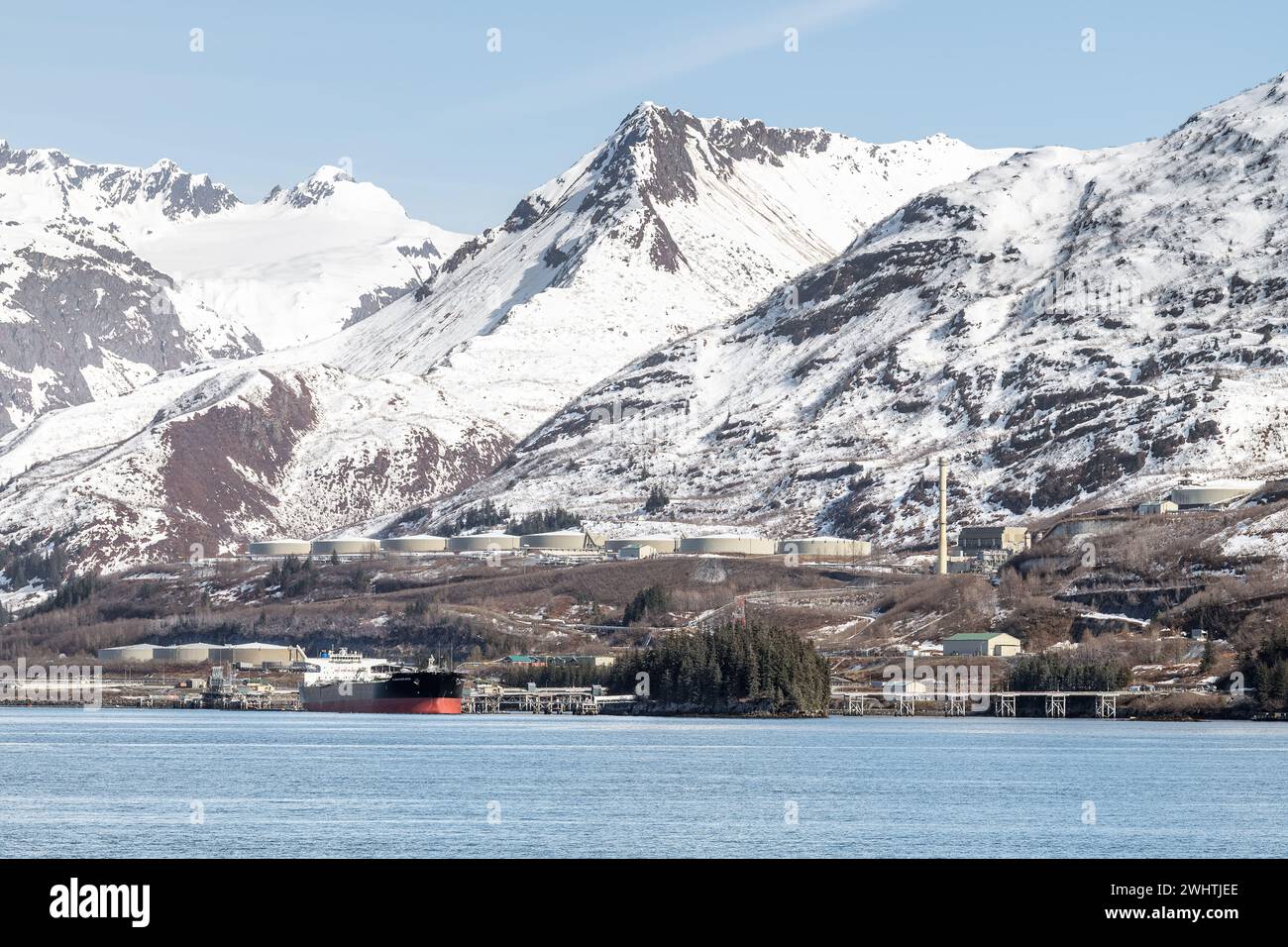 Large tanker, Alaskan Explorer, docked at the Valdez Marine Terminal in ...