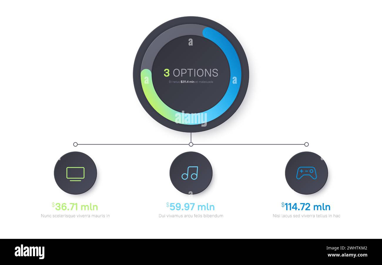 Vector presentation infographic gradient chart design. Three options ...