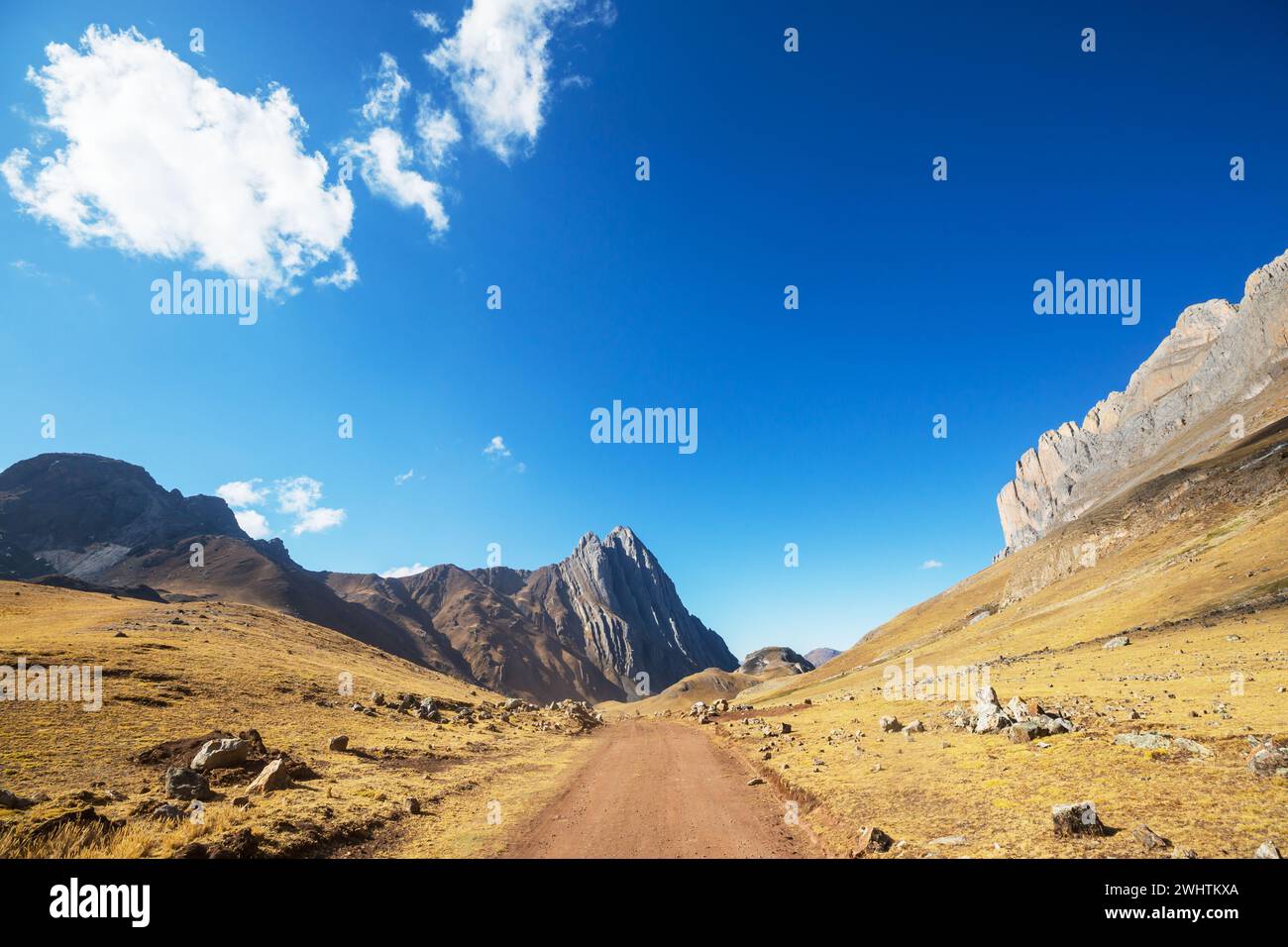 Hiking in the fantastic landscape of the Peruvian high mountain Andes ...