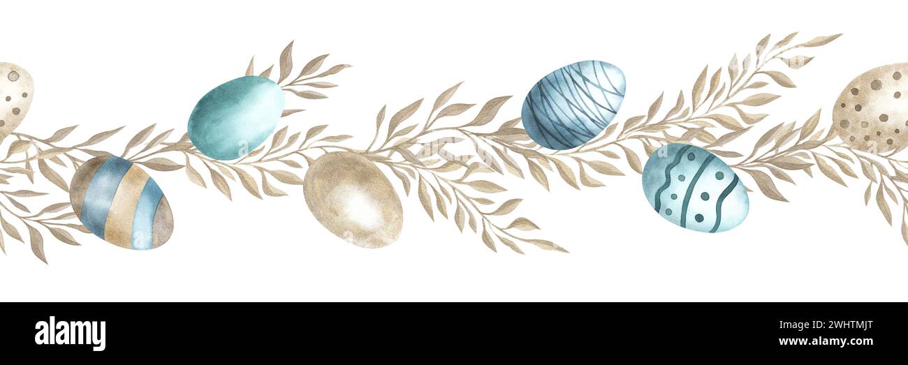 Watercolor Easter seamless border eggs, branches, golden leaves . Hand ...