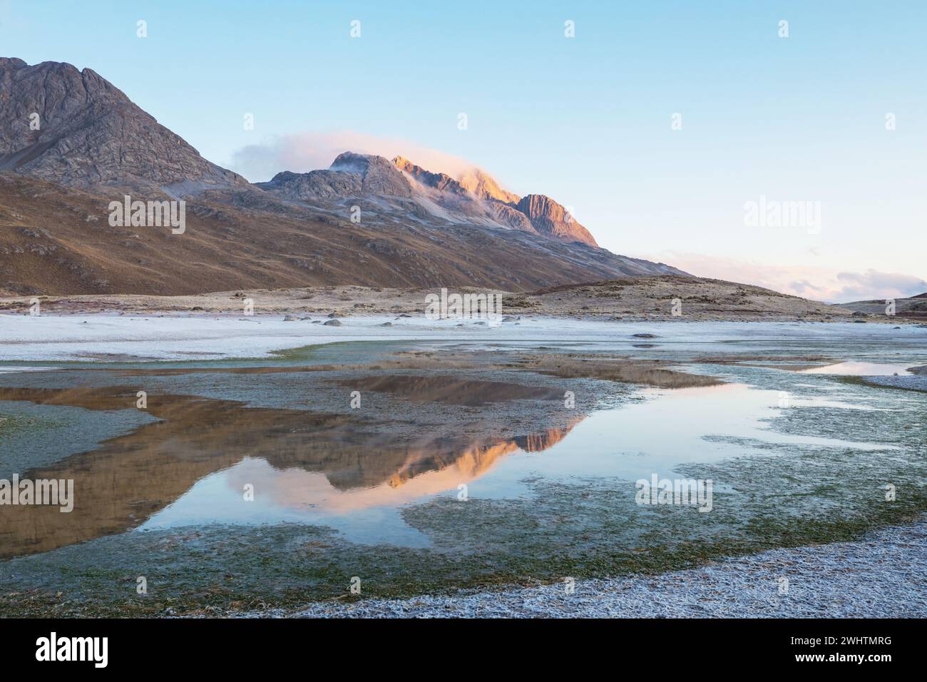 Hiking in the fantastic landscape of the Peruvian high mountain Andes ...