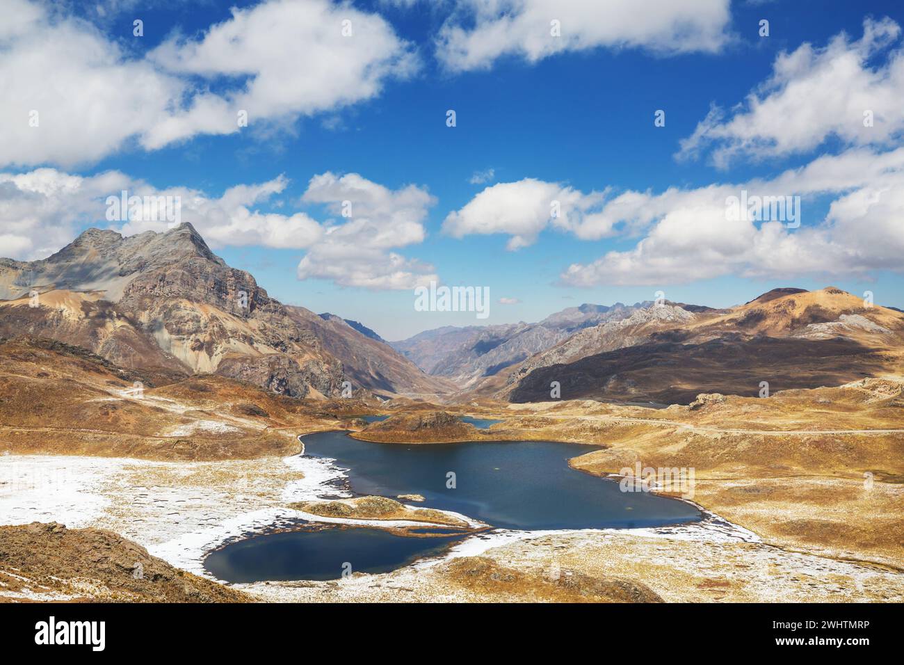 Hiking in the fantastic landscape of the Peruvian high mountain Andes ...