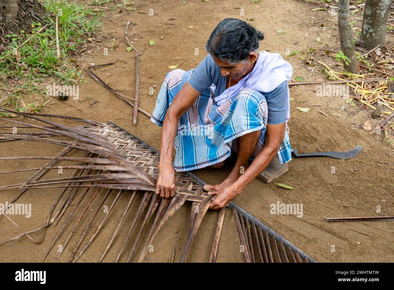 A village woman demonstrates the traditional craft of making mats from ...