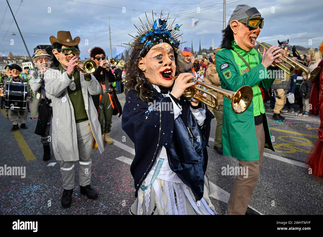 Guggenmusik woman's mask trumpet Stock Photo - Alamy