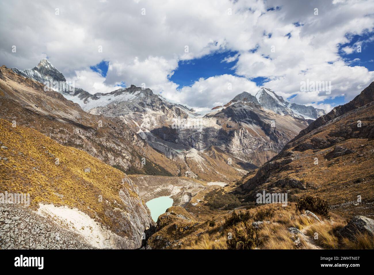 Hiking in the fantastic landscape of the Peruvian high mountain Andes ...