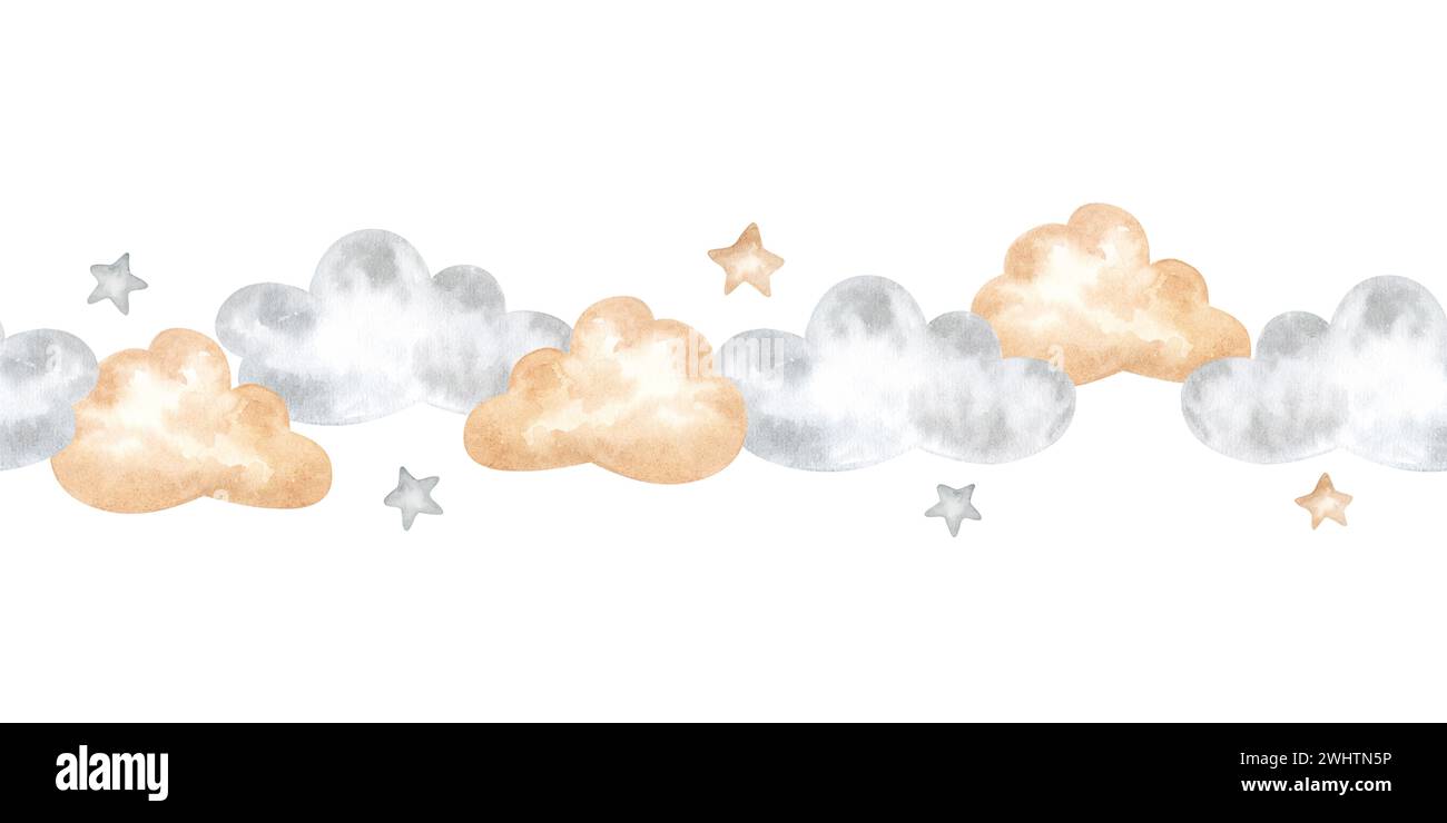 Cloud seamless border watercolor frame illustration. Sky and stars ...