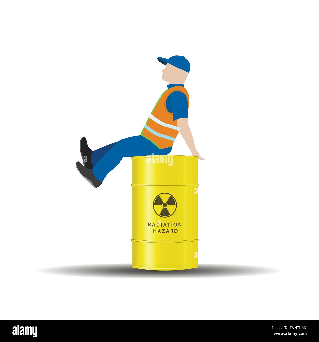 A man sits on a yellow barrel with radioactive waste. Radiation hazard ...