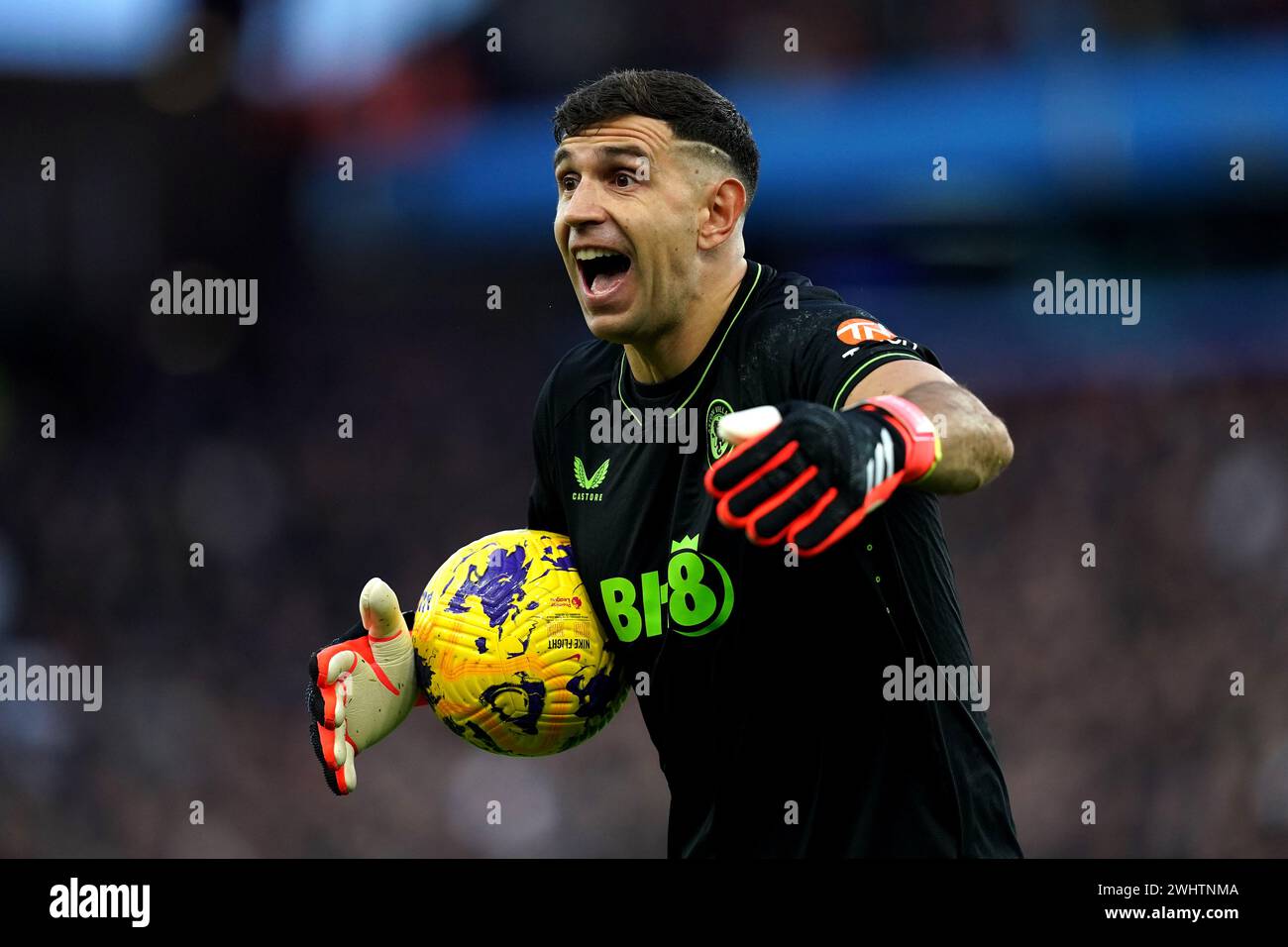 Aston Villa goalkeeper Emiliano Martinez reacts during the Premier ...
