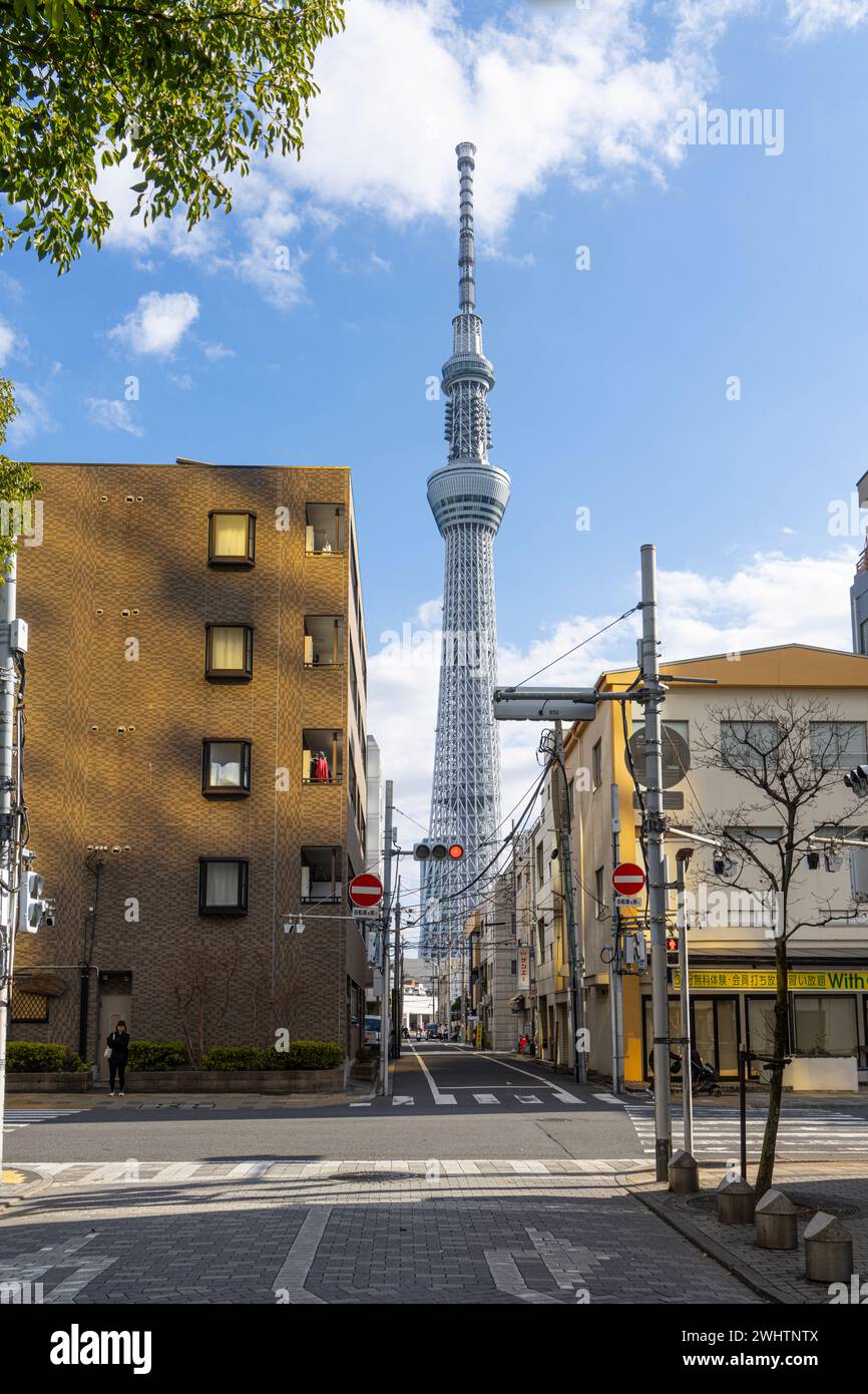 Tokyo, Japan. January 2024. Sumida district houses with the Tokyo ...