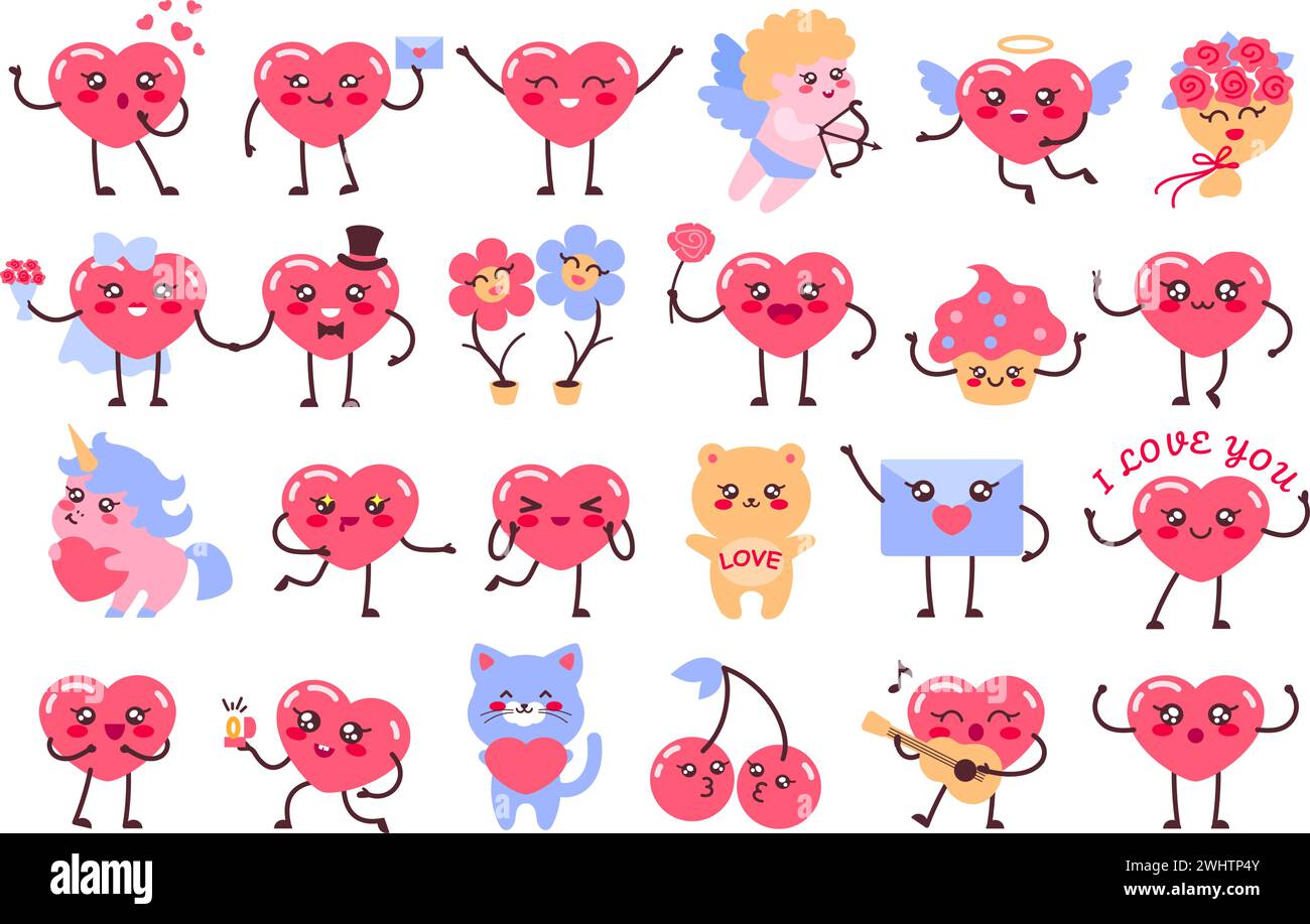 Kawaii love mascot. Cute heart characters for Valentines Day designs ...