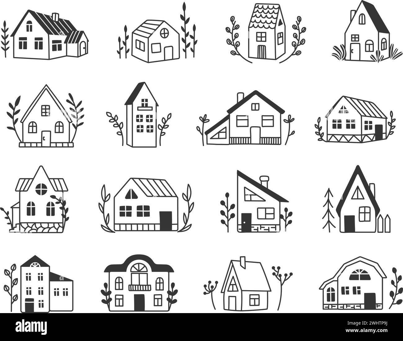 Hand drawn cozy houses. Minimalist line art cottage, vintage country ...