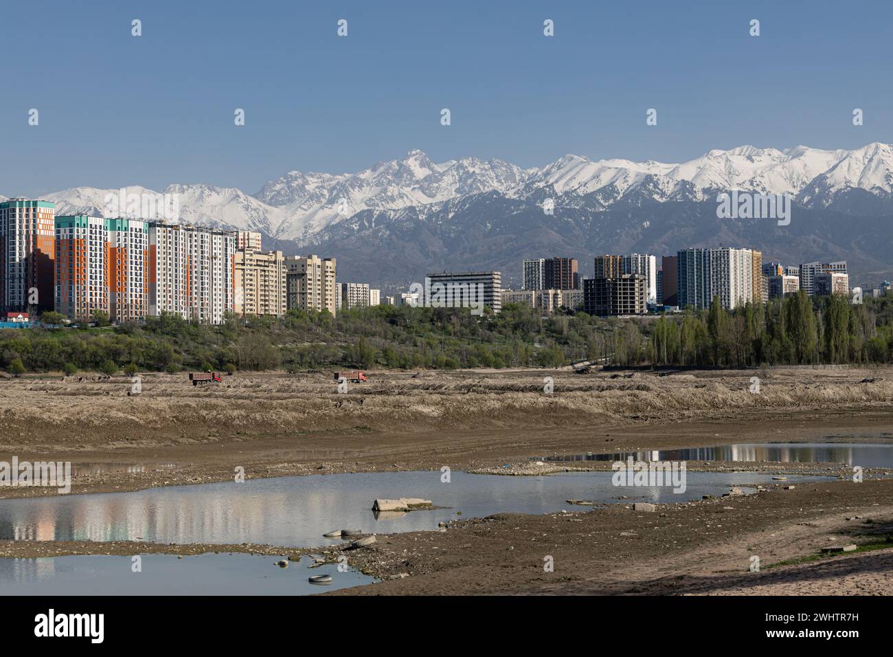 Storage reservoir Lake Sayran, Almaty, Kazakhstan. Empty City sand ...