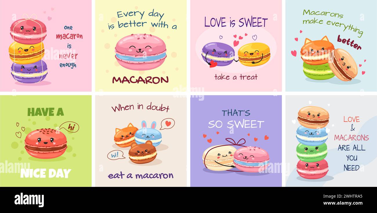 Kawaii macaron cards. French dessert bakery posters with cute macarons ...