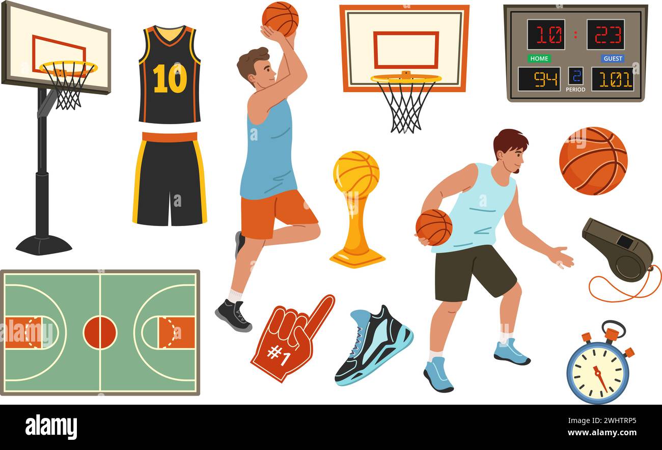 Cartoon basketball. Player jersey, basketball hoop and ball, dribbling ...