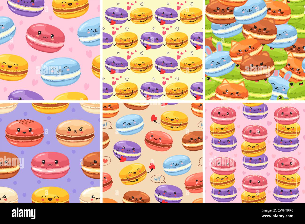 Kawaii macaron pattern. Cute animal macarons, french sweet dessert backgrounds and bakery ...