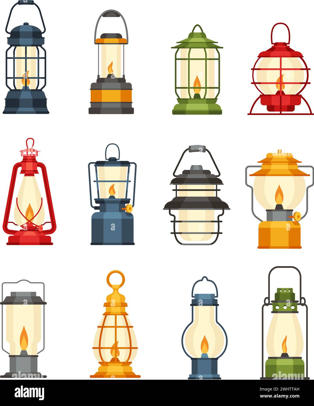 Cartoon camp lamp. Vintage camping lantern, portable lighting devices ...