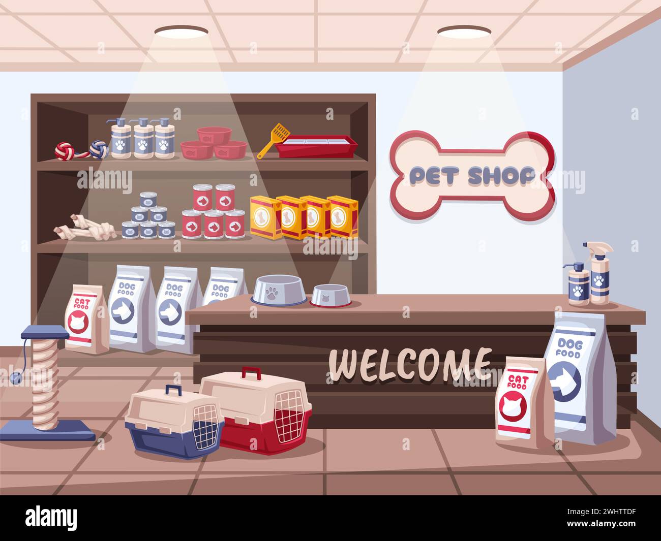 Pet shop interior. Shelves with animal care products, food for dogs and ...