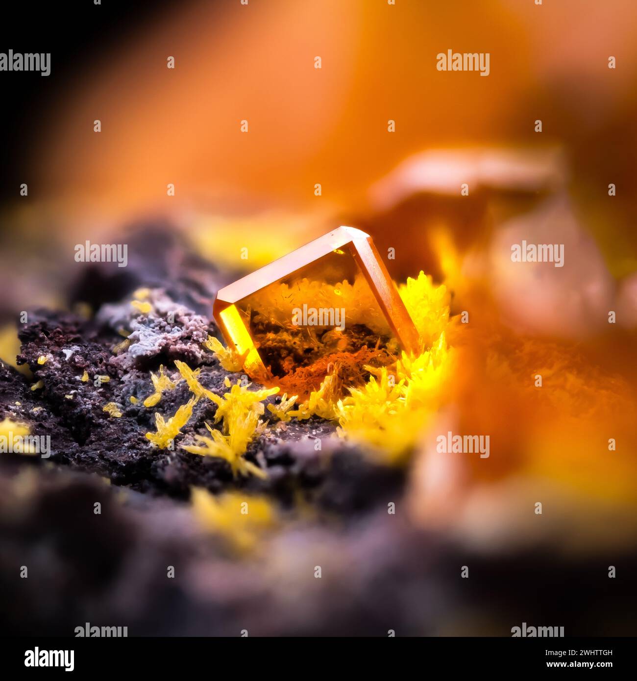 orange Wulfenite with yellow mimetite photography on black background ...