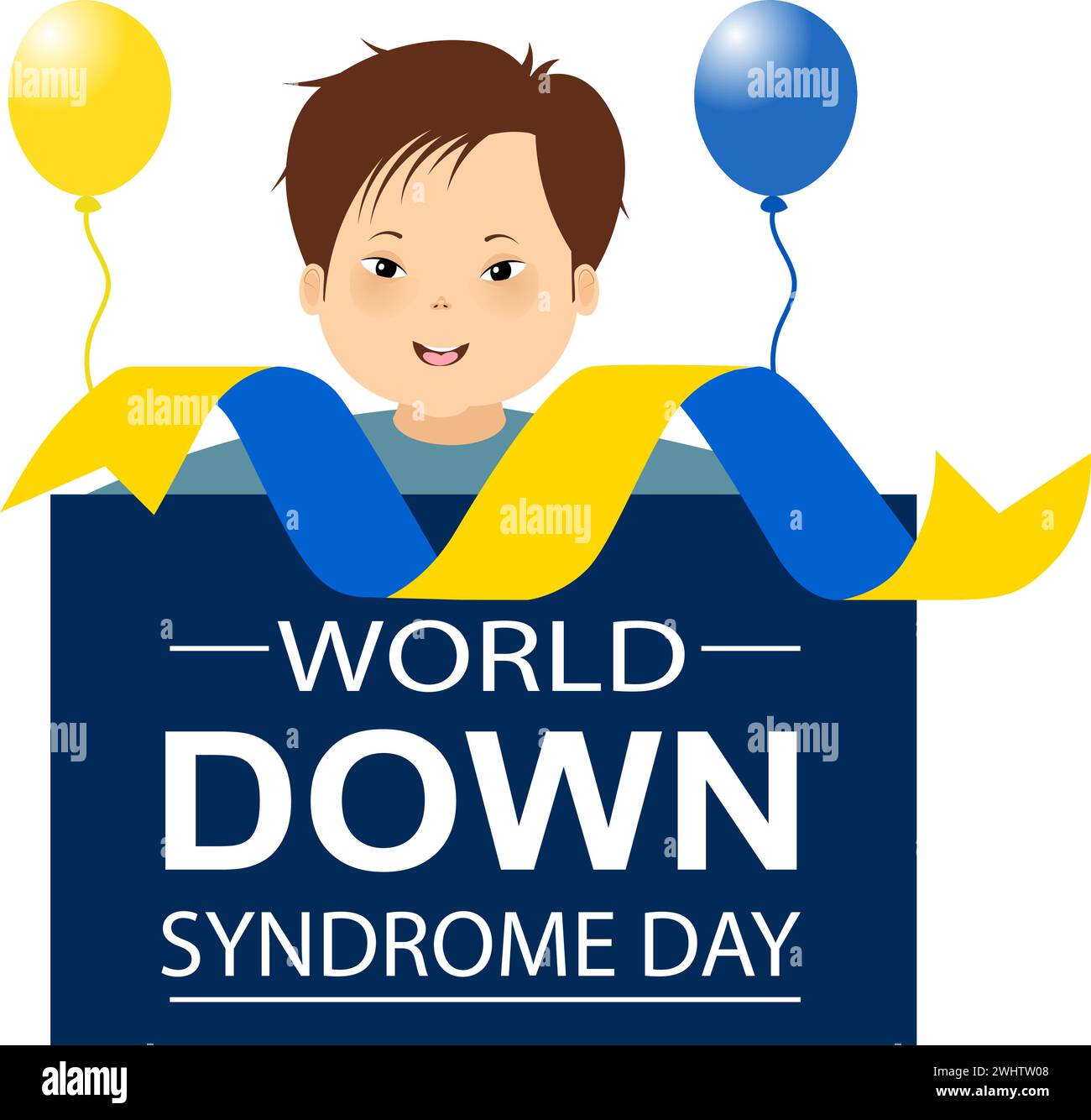 World Down syndrome day. Boy, balloons and ribbon. Down syndrome ...