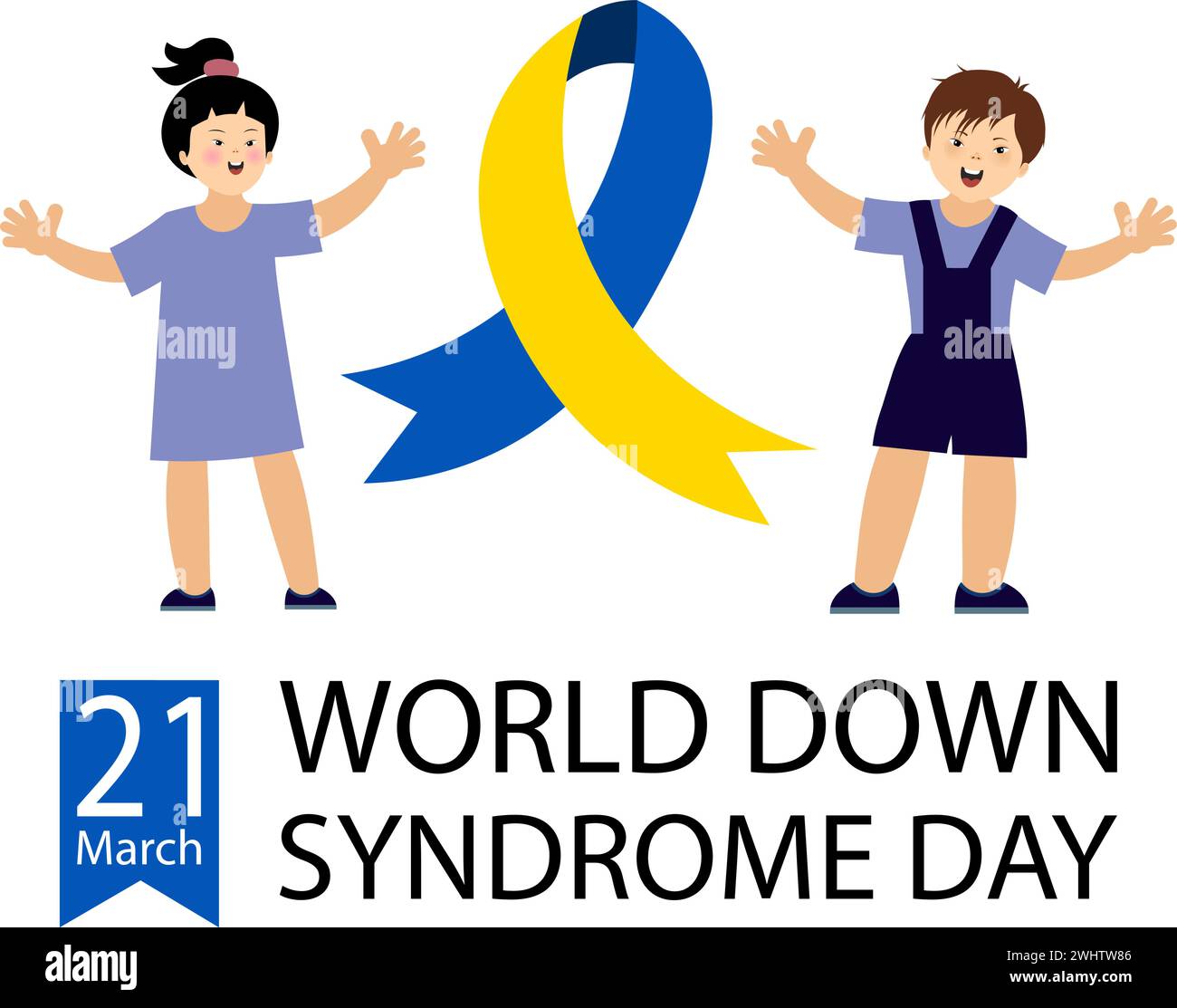World Down syndrome day. Boy, girl and ribbon. Down syndrome awareness ...