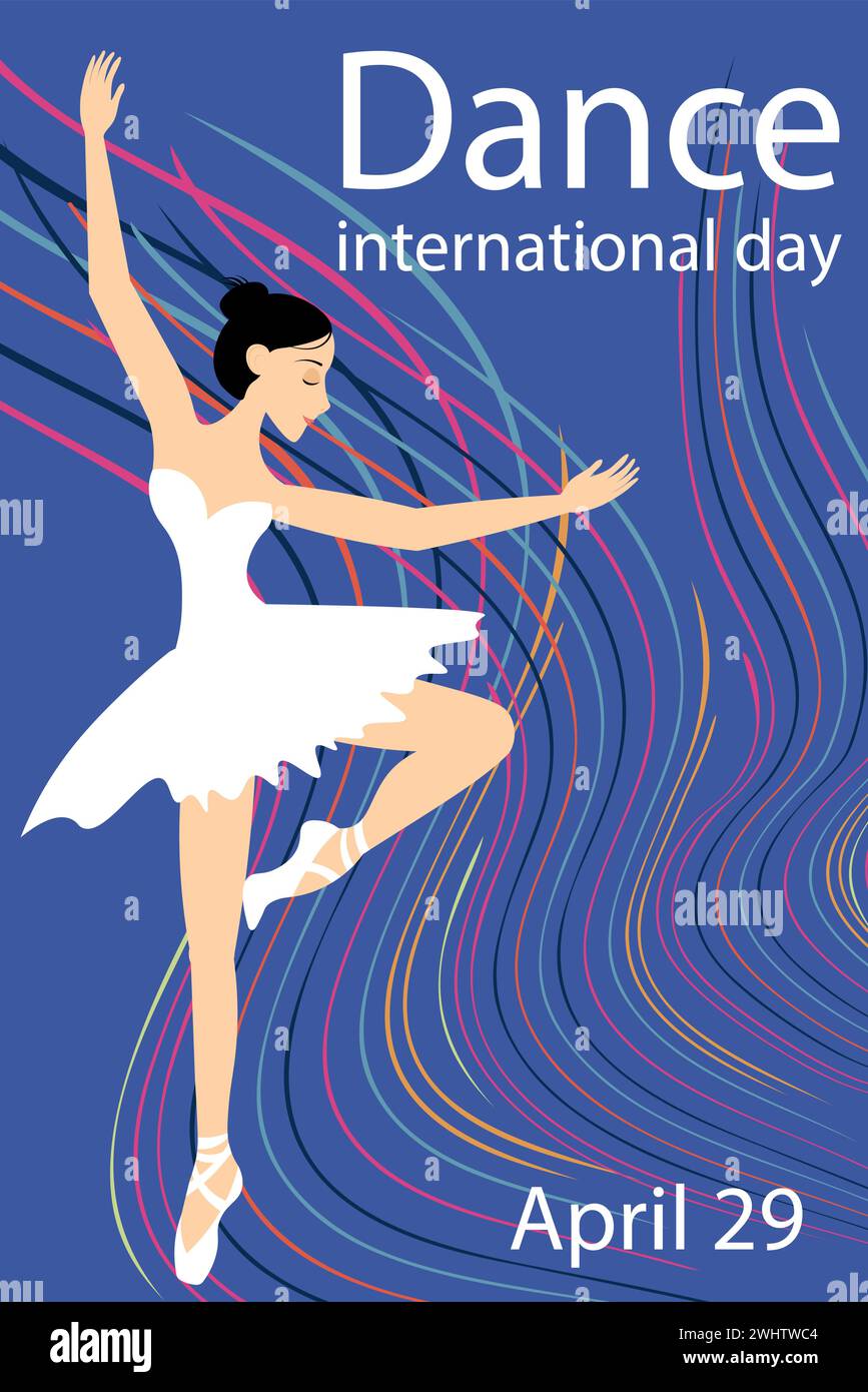 Dance Day. Ballerina and colorful waves on a blue background. Design ...