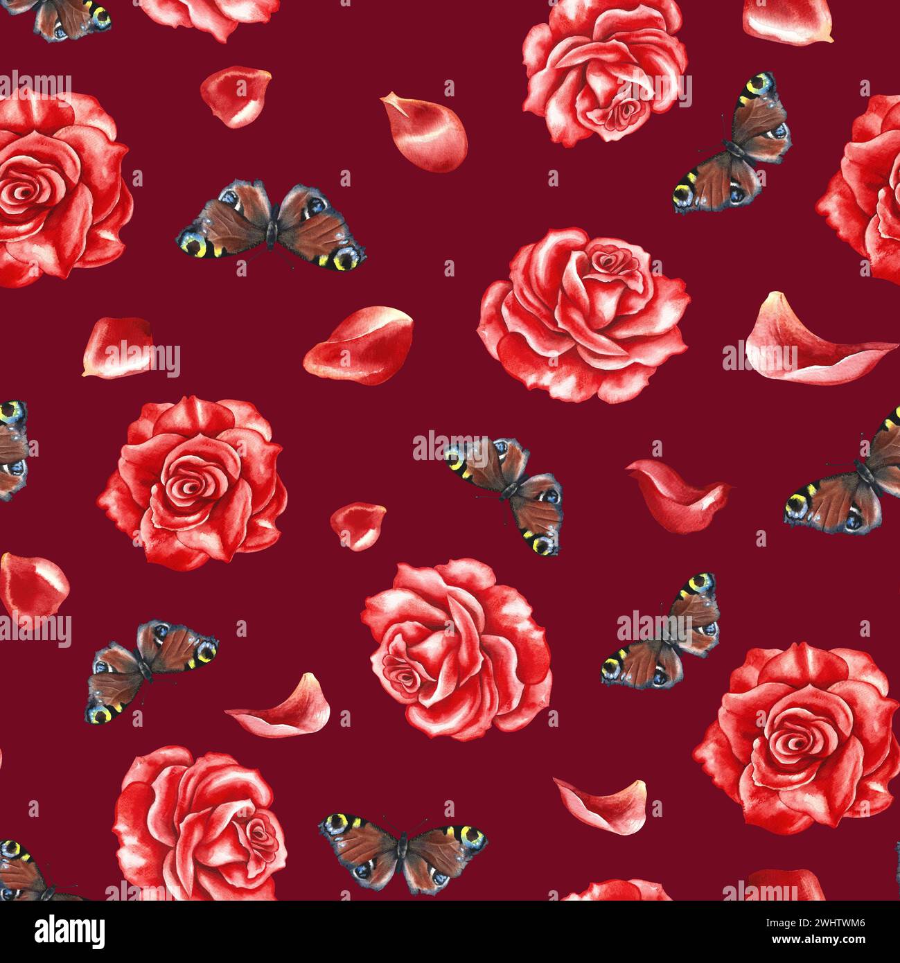 Seamless pattern with red roses and butterflies. Hand-drawn watercolor ...